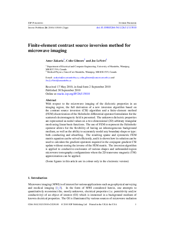 Pdf Finite Element Contrast Source Inversion Method For Microwave Imaging