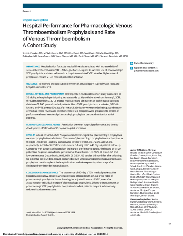 (PDF) Hospital performance for pharmacologic venous thromboembolism prophylaxis and rate of ...