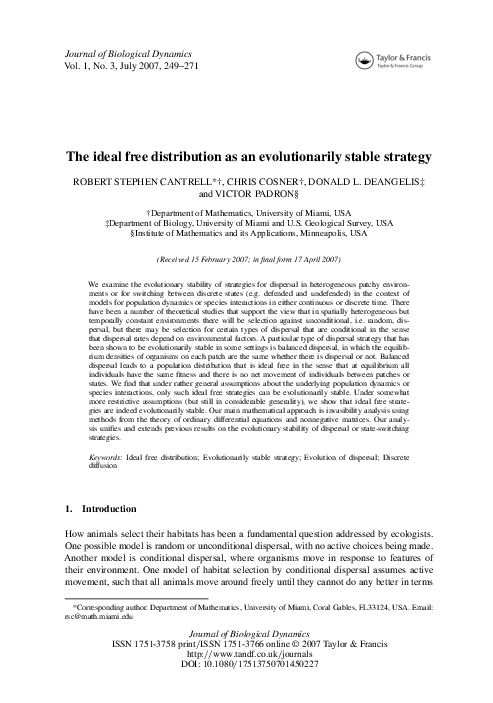 (PDF) The ideal free distribution as an evolutionarily stable strategy