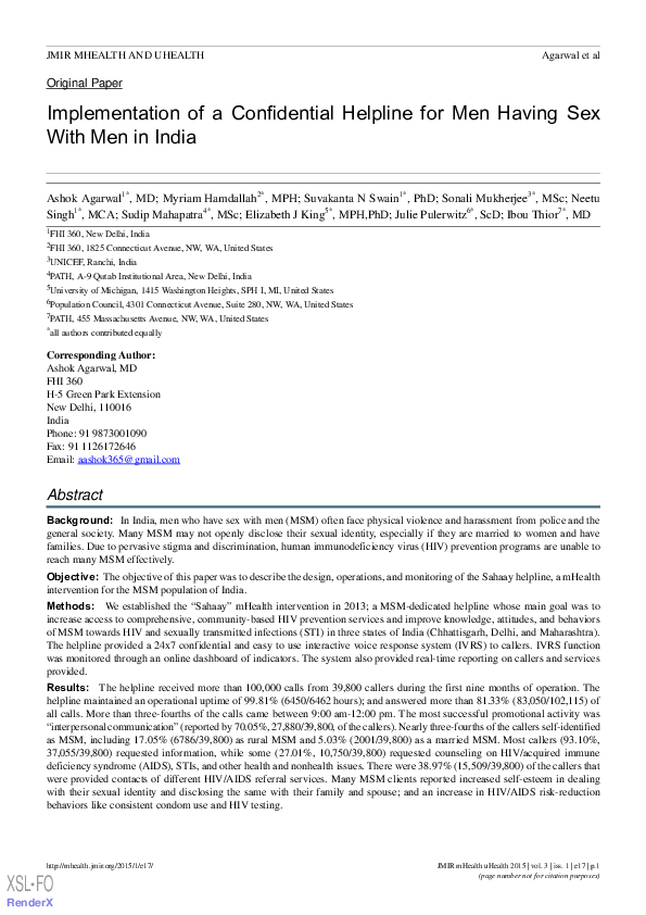 Pdf Implementation Of A Confidential Helpline For Men Having Sex With 2174