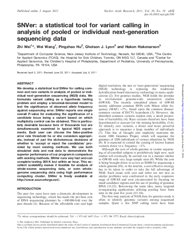 Pdf Snver A Statistical Tool For Variant Calling In Analysis Of