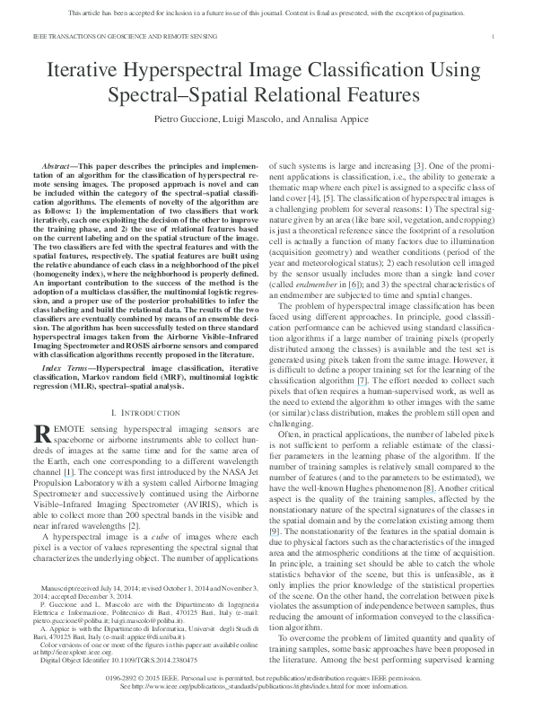 Pdf Iterative Hyperspectral Image Classification Using Spectral Spatial Relational Features