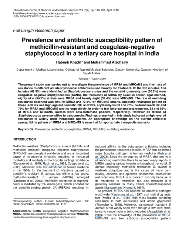 (PDF) Prevalence and antibiotic susceptibility pattern of methicillin resistant Staphylococcus ...