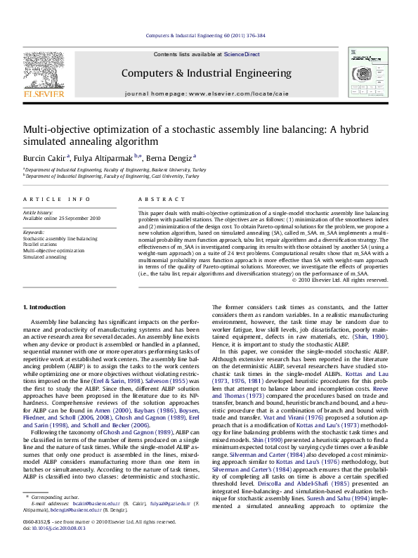 Pdf Multi Objective Optimization Of A Stochastic Assembly Line Balancing A Hybrid Simulated