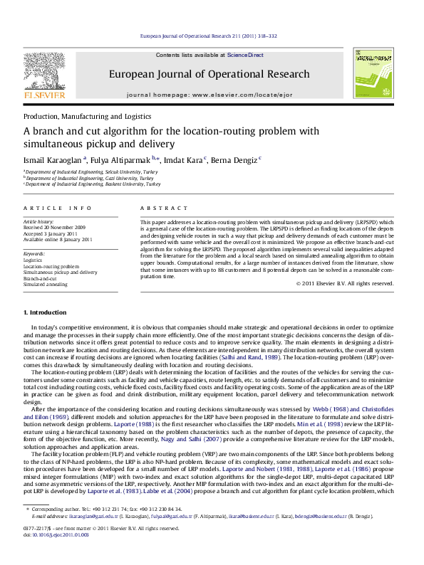 Pdf A Branch And Cut Algorithm For The Location Routing Problem With Simultaneous Pickup And