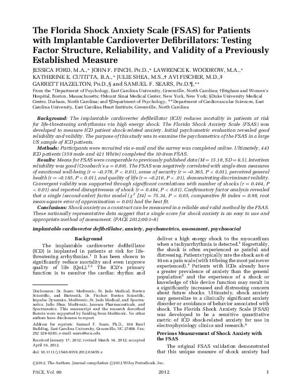 (PDF) The Florida Shock Anxiety Scale (FSAS) for Patients with ...