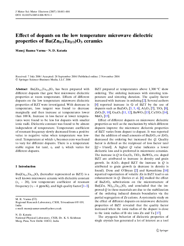 (PDF) Effect of dopants on the low temperature microwave dielectric properties of Ba(Zn 1/3 Ta 2 ...