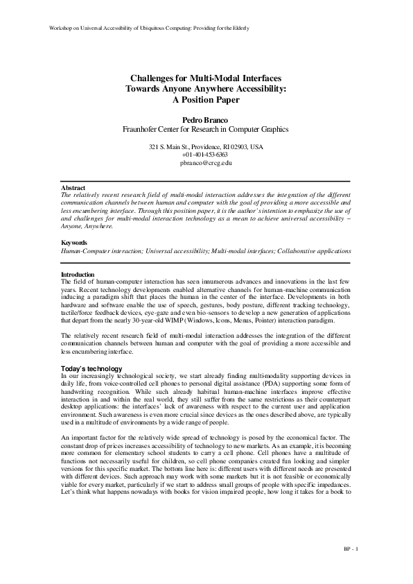 Pdf Challenges For Multimodal Interfaces Towards Anyone Anywhere Accessibility