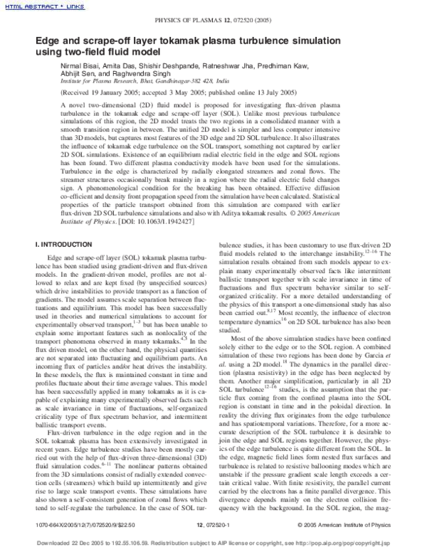 (PDF) Edge and scrape-off layer tokamak plasma turbulence simulation using two-field fluid model