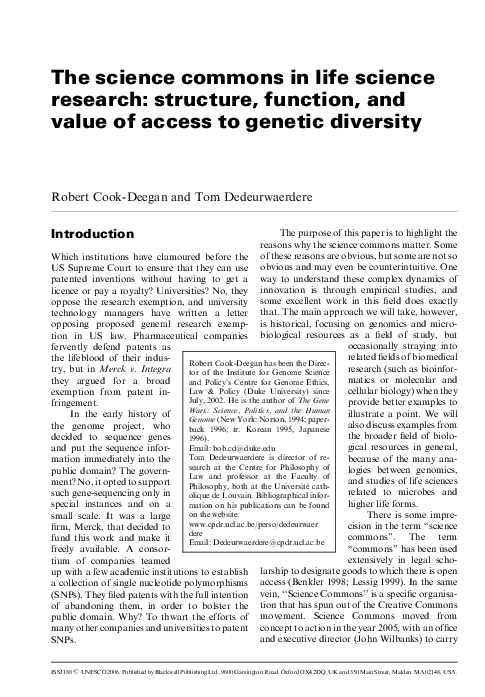 (PDF) The science commons in life science research: structure, function ...