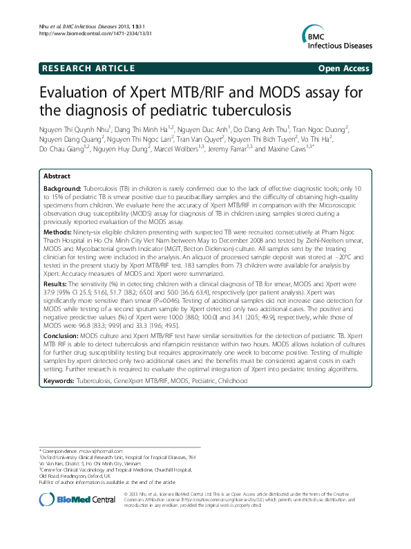 (PDF) Evaluation of Xpert MTB/RIF and MODS assay for the diagnosis of ...
