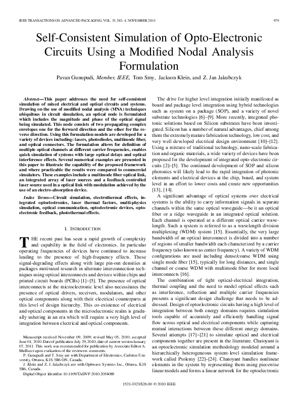 (PDF) Self-Consistent Simulation of Opto-Electronic Circuits Using a Modified Nodal Analysis ...