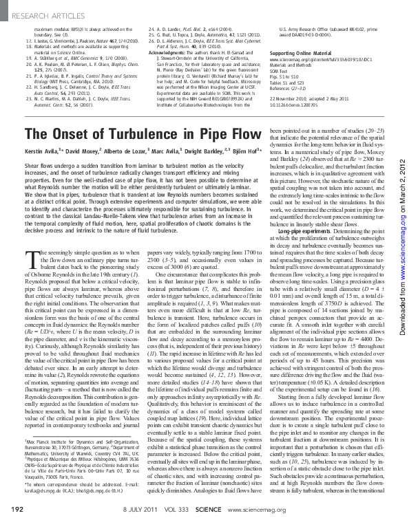 (PDF) The Onset of Turbulence in Pipe Flow
