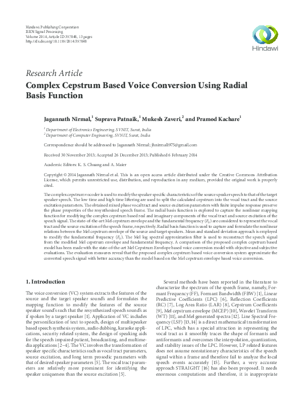 (PDF) Complex Cepstrum Based Voice Conversion Using Radial Basis Function
