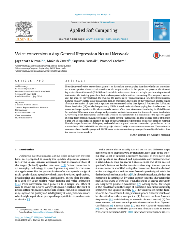 (PDF) Voice conversion using General Regression Neural Network