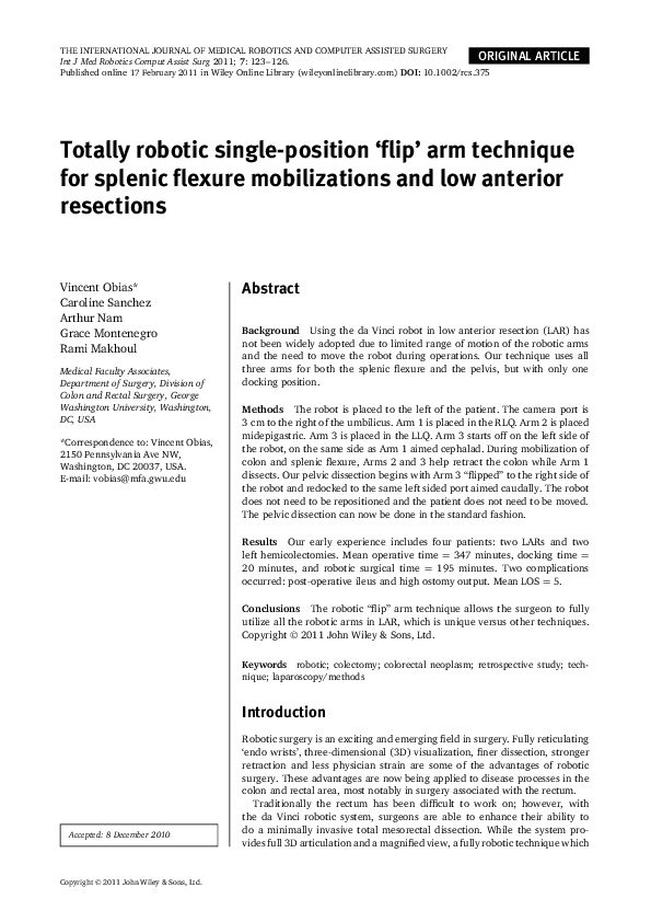 (PDF) Totally robotic single-position ‘flip’ arm technique for splenic flexure mobilizations and ...