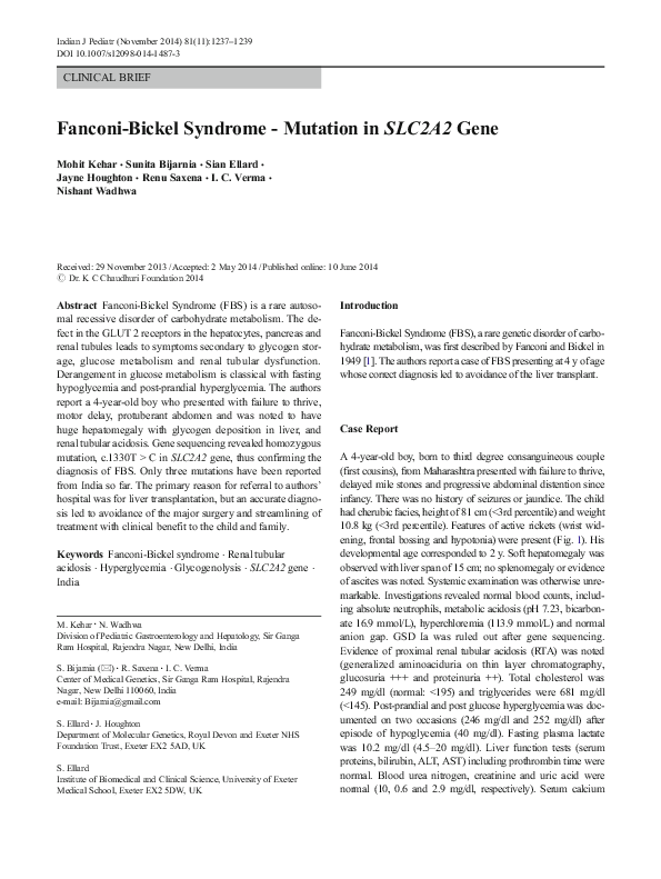 (PDF) Fanconi-Bickel Syndrome - Mutation in SLC2A2 Gene