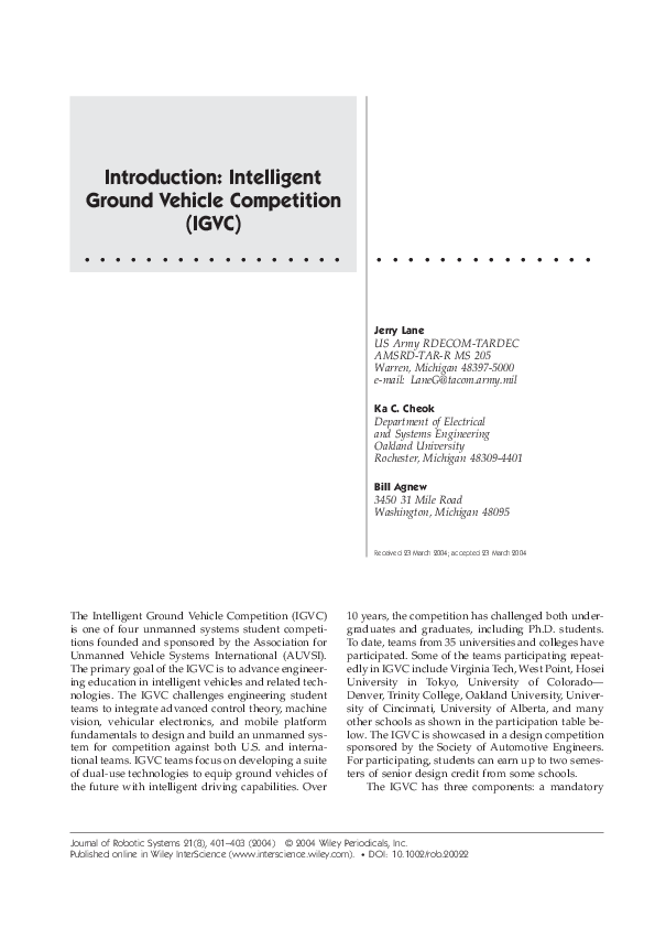 (PDF) Introduction: Intelligent ground vehicle competition (IGVC)