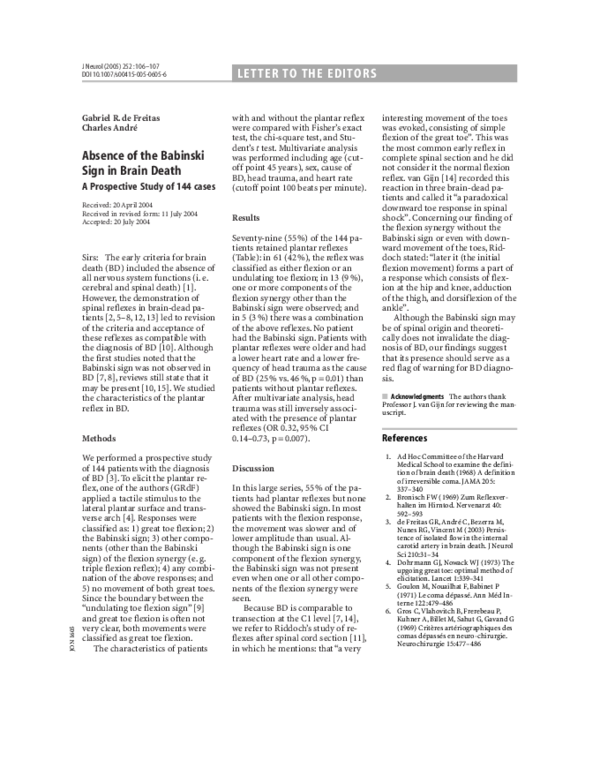 (PDF) Absence of the Babinski Sign in Brain Death
