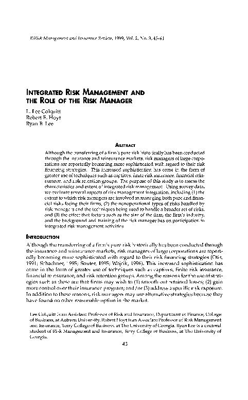 (PDF) Integrated Risk Management and the Role of the Risk Manager