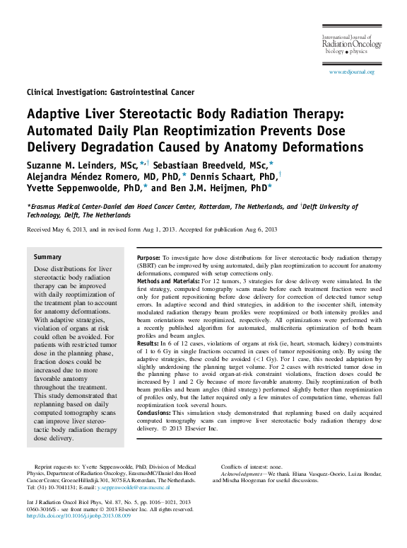 (PDF) Adaptive Liver Stereotactic Body Radiation Therapy: Automated Daily Plan Reoptimization ...