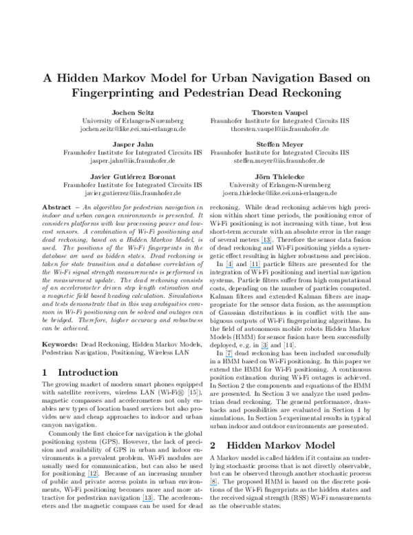 (PDF) A Hidden Markov Model for urban navigation based on fingerprinting and pedestrian dead ...