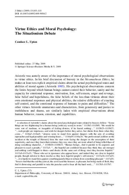 (PDF) Virtue Ethics and Moral Psychology: The Situationism Debate