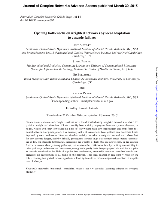 (PDF) Opening bottlenecks on weighted networks by local adaptation to cascade failures
