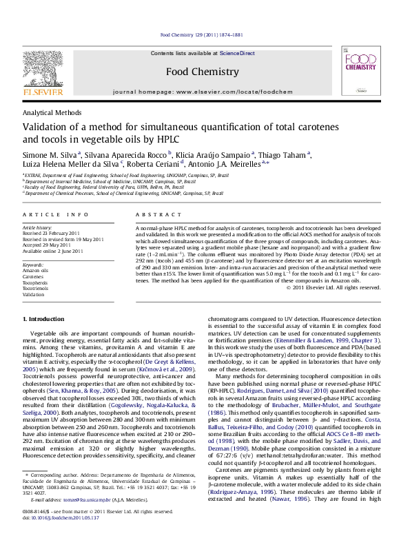 Pdf Validation Of A Method For Simultaneous Quantification Of Total Carotenes And Tocols In