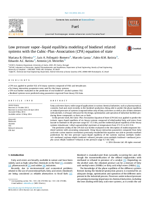 (PDF) Low pressure vapor–liquid equilibria modeling of biodiesel related systems with the Cubic ...
