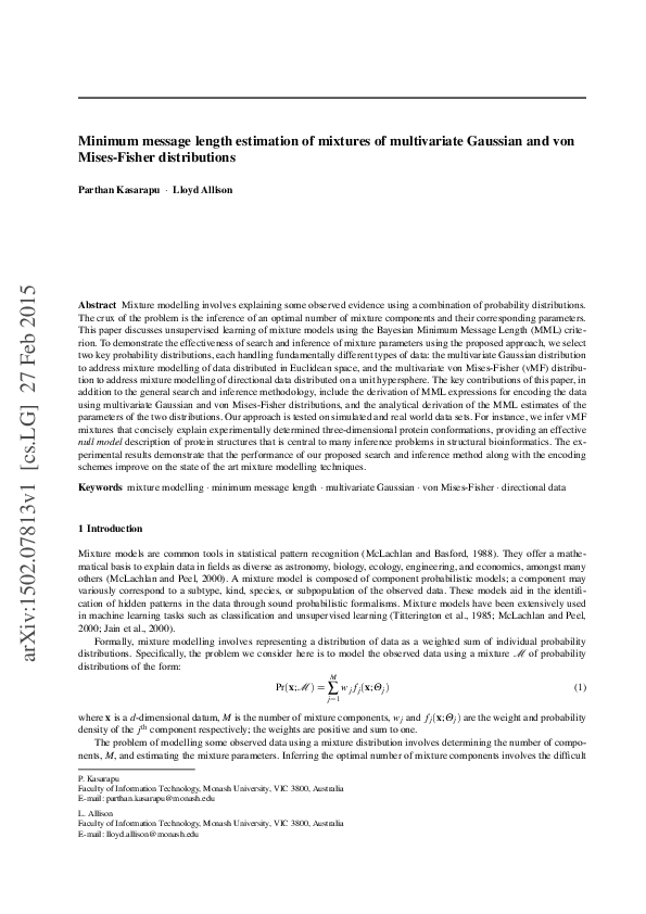 (PDF) Minimum message length estimation of mixtures of multivariate Gaussian and von Mises ...