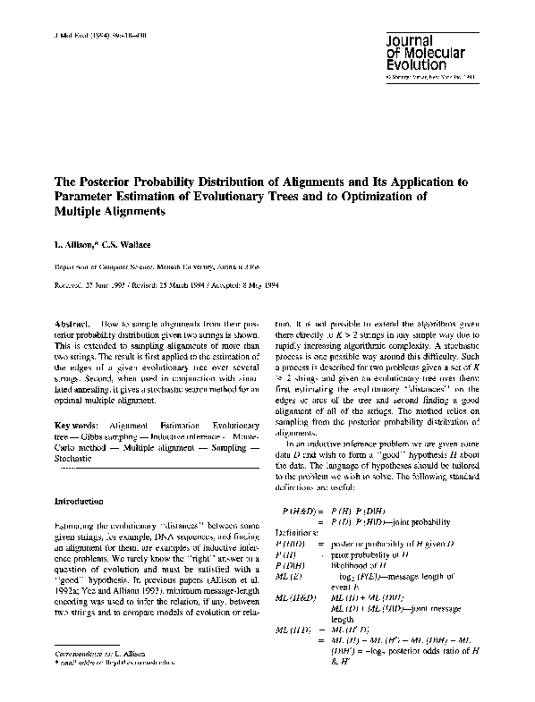(PDF) The posterior probability distribution of alignments and its application to parameter ...