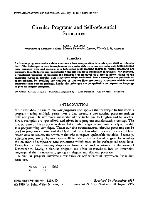 (PDF) Circular programs and self-referential structures