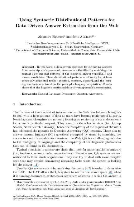 Pdf Using Syntactic Distributional Patterns For Data Driven Answer Extraction From The Web