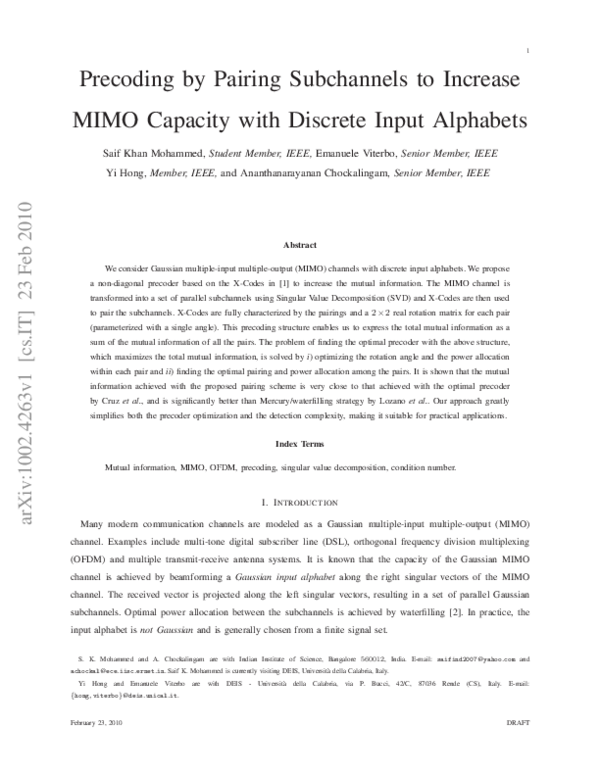 (PDF) Precoding by Pairing Subchannels to Increase MIMO Capacity With Discrete Input Alphabets