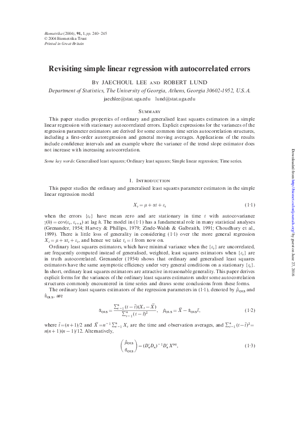 Pdf Revisiting Simple Linear Regression With Autocorrelated Errors