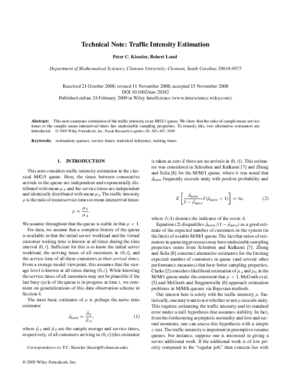 (PDF) Technical note: Traffic intensity estimation
