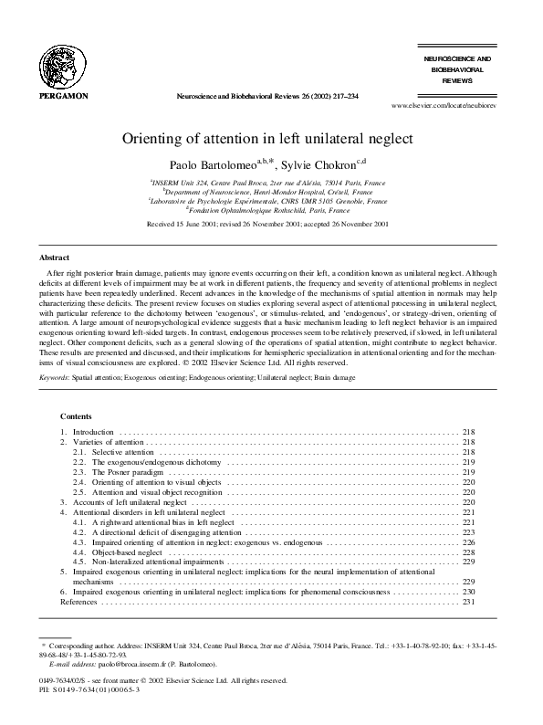 (PDF) Orienting of attention in left unilateral neglect
