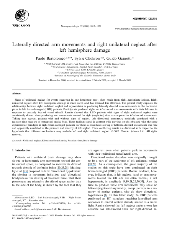 (PDF) Laterally directed arm movements and right unilateral neglect ...