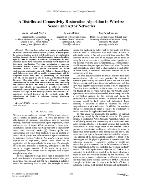 Pdf A Distributed Connectivity Restoration Algorithm In Wireless Sensor And Actor Networks
