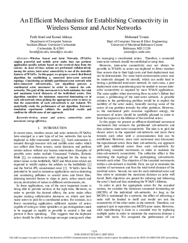 (PDF) An Efficient Mechanism for Establishing Connectivity in Wireless Sensor and Actor Networks
