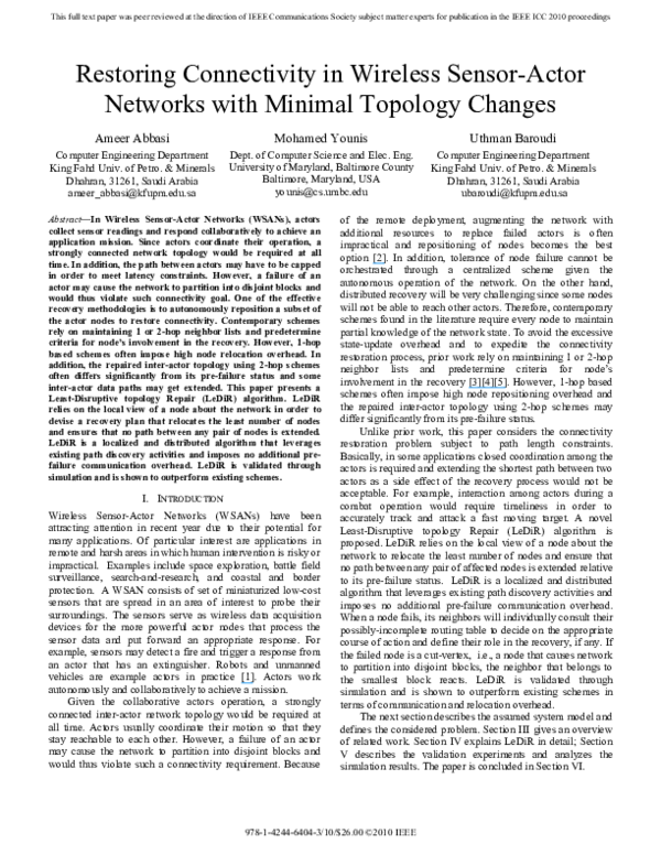 (PDF) Restoring connectivity in Wireless Sensor-Actor Networks with minimal node movement