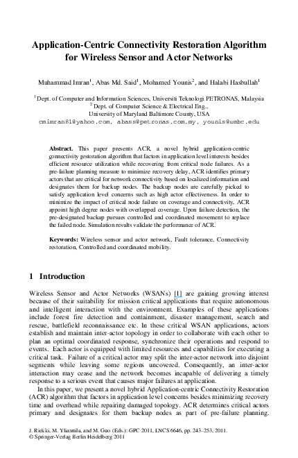 Pdf Application Centric Connectivity Restoration Algorithm For Wireless Sensor And Actor Networks