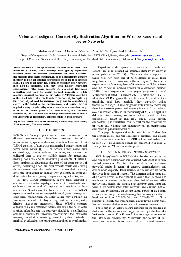 Pdf Volunteer Instigated Connectivity Restoration Algorithm For Wireless Sensor And Actor Networks