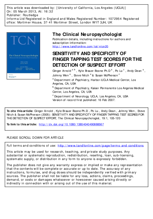 (PDF) Sensitivity and Specificity of Finger Tapping Test Scores for the ...