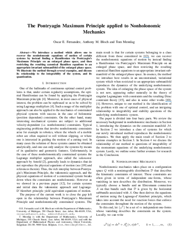 (PDF) The Pontryagin Maximum Principle applied to nonholonomic mechanics