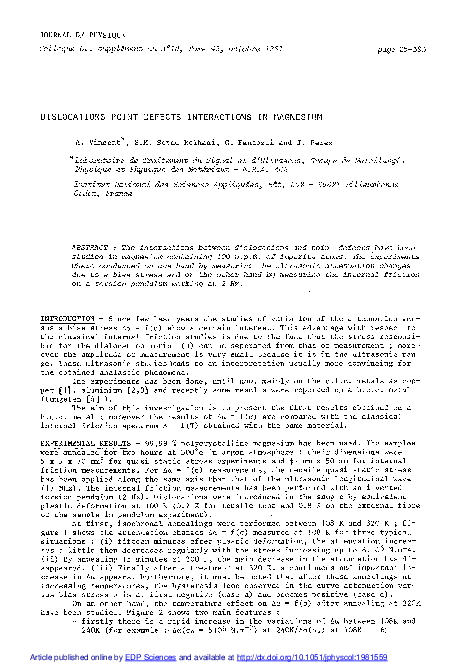 (PDF) Dislocations Point Defects Interactions in Magnesium
