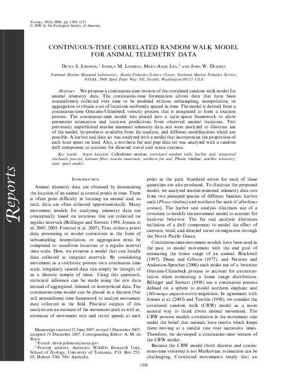 (PDF) Continuous-Time Correlated Random Walk Model for Animal Telemetry Data