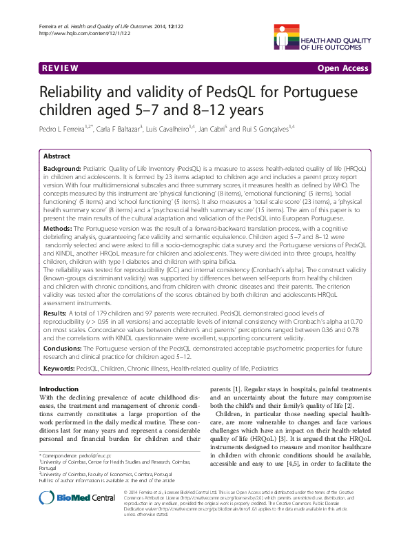 (PDF) Reliability and validity of PedsQL for Portuguese children aged 5 ...