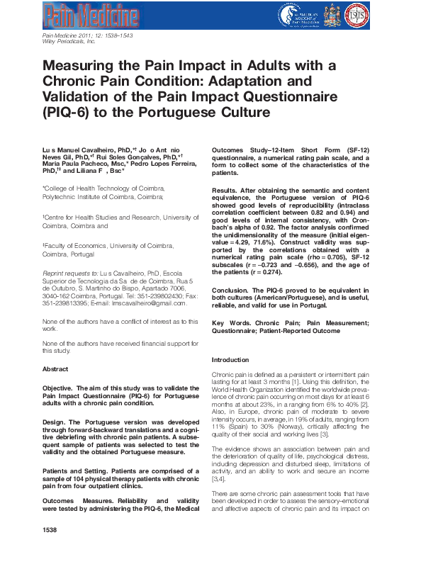(PDF) Measuring the Pain Impact in Adults with a Chronic Pain Condition ...